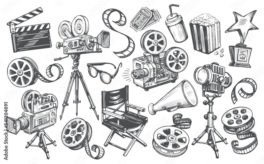Cinema set in sketch style. Making movie, film screening, tv, video ...
