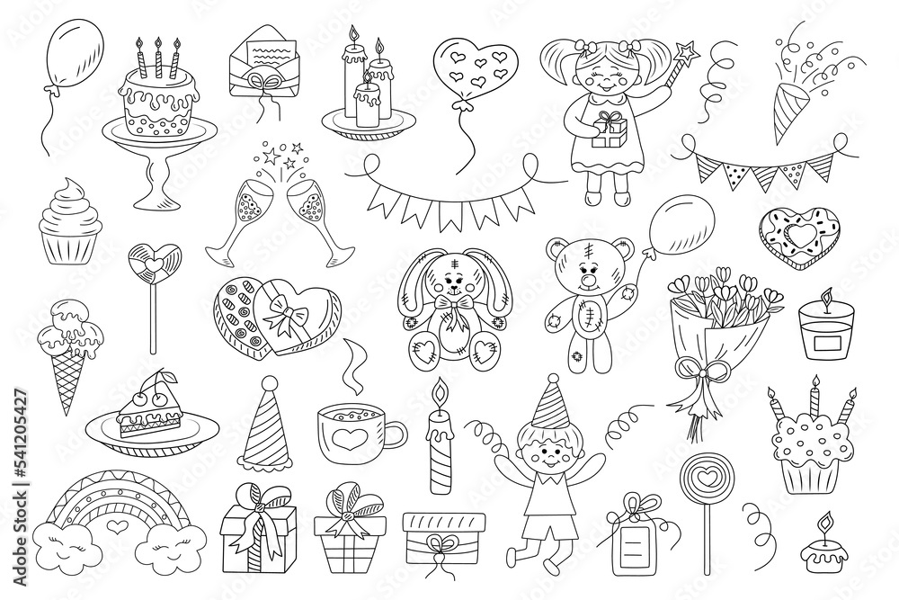 Big birthday celebration doodle clipart set. Hand drawn icons ...