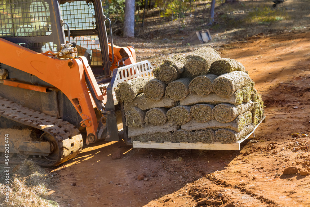 Forklift unloading green grass turf rolls in pallets for landscaping on ...
