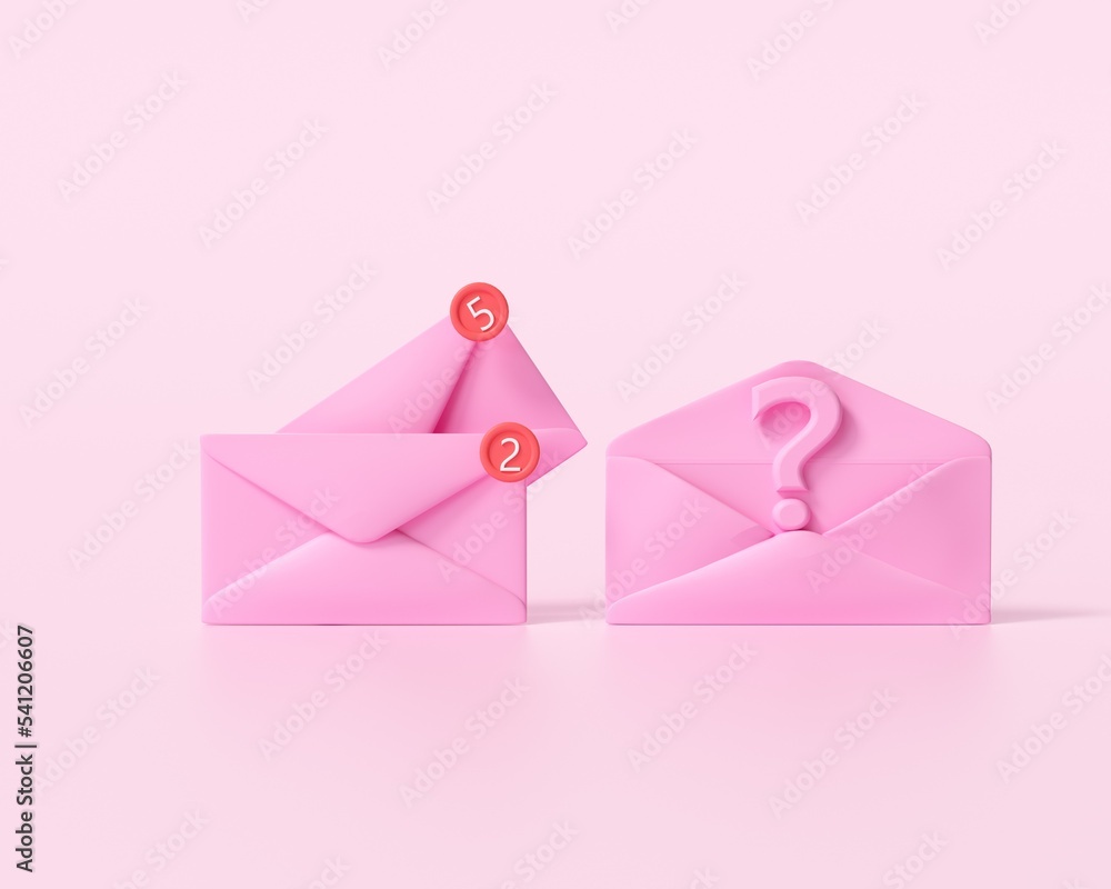 3D pink envelope icon pack with new message warning sign and question ...
