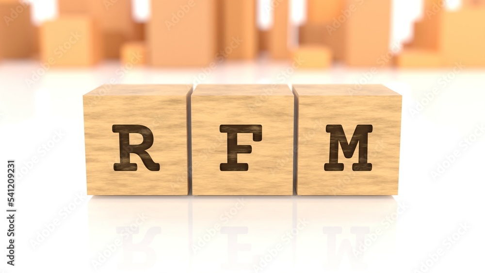 Word RFM chiselled on cube wood reflected on the shiny surface ...