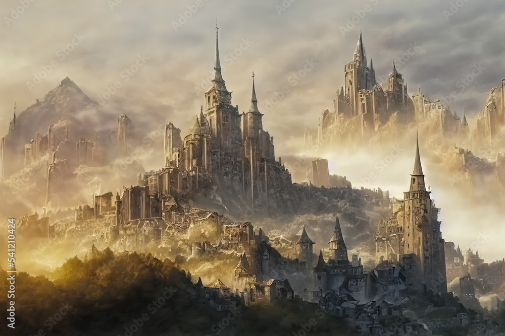Fantasy medieval fortress with a town below. Large antique, middle ages ...
