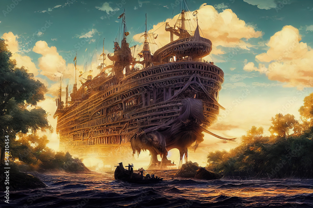 Concept art illustration featuring the construction of Noah's ark ...