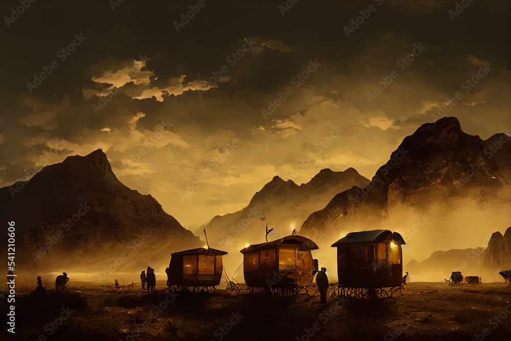 Digital landscape illustration featuring bohemian vardo wagons in a ...