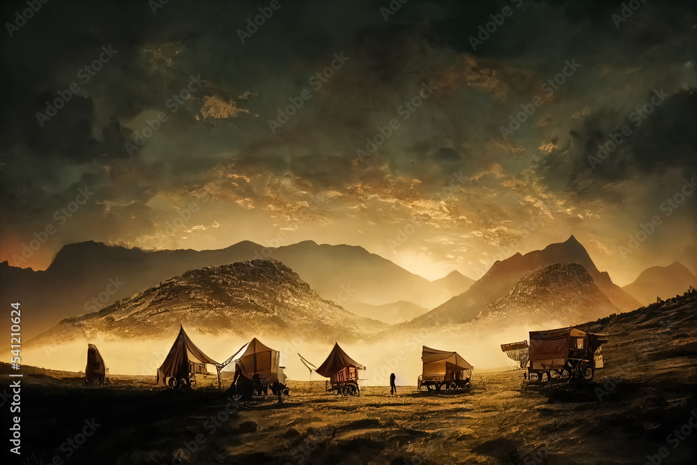 Bohemian vardo wagons in a chain travelling across the mountains ...