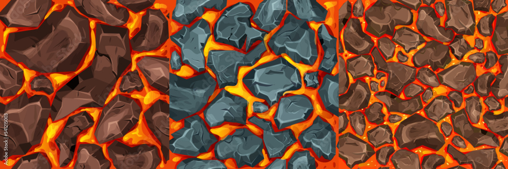 Lava, magma with stones in cartoon style seamless pattern background. Eruption effect, landscape ...
