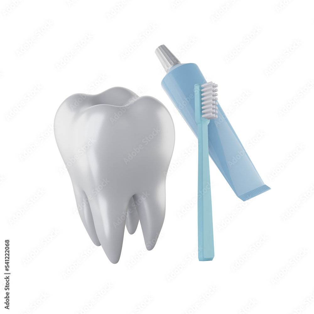 Set of 3d tooth, toothbrush and toothpaste tube isolated on transparent ...