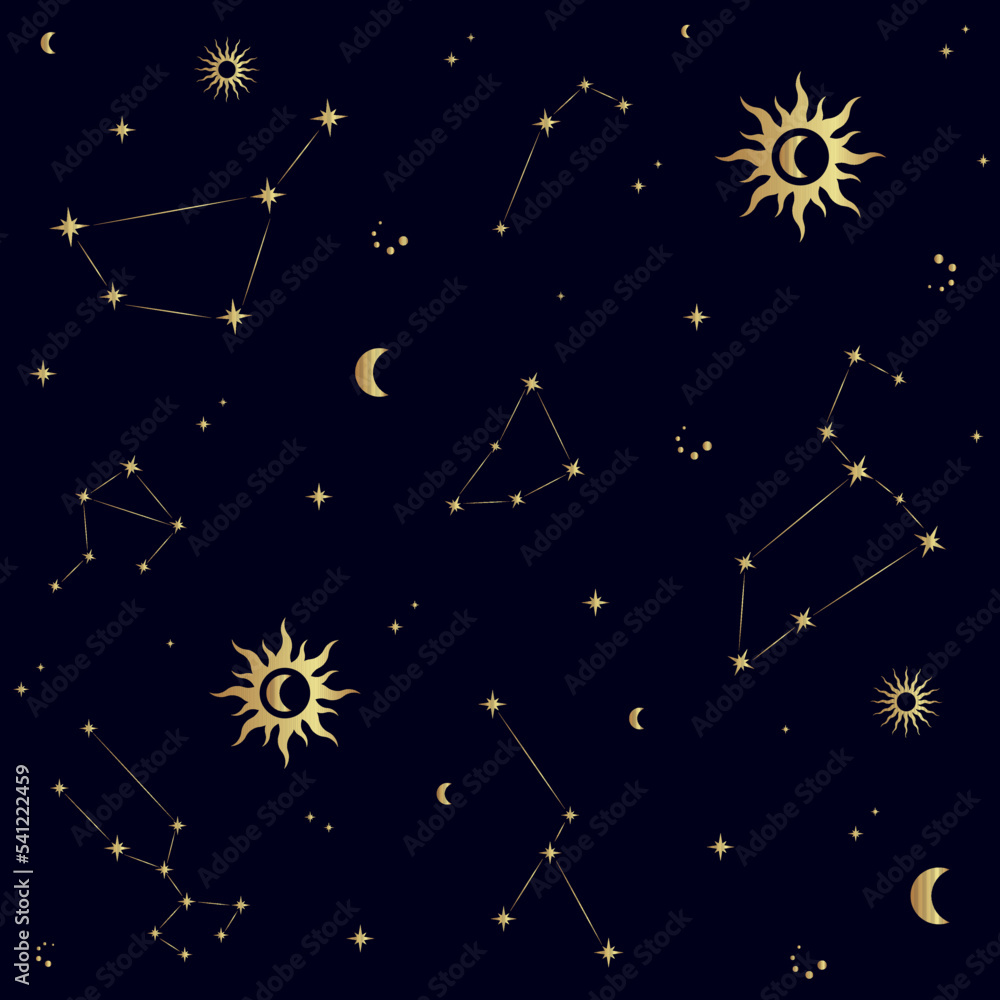 Seamless pattern with stars, constellation signs, sun, moon. Starry ...