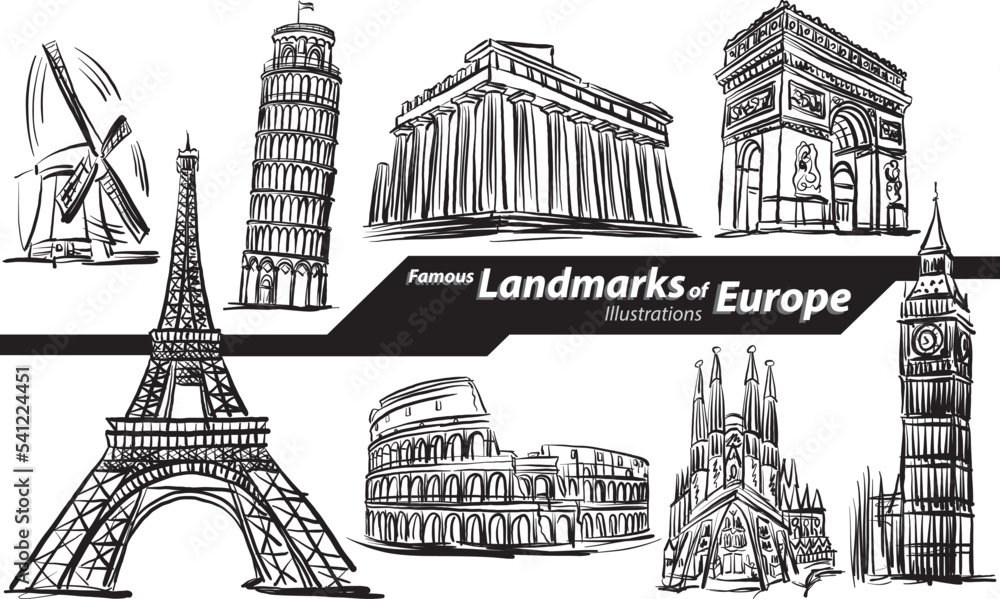 Famous Landmarks of Europe design freehand doodle set collection vector ...