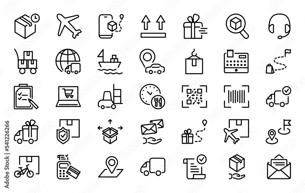 Set of 35 delivery and logistics icons in line style. Delivery, express ...