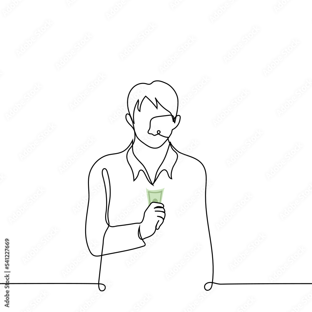 man stands clutching a single banknote in his hand - one line drawing ...