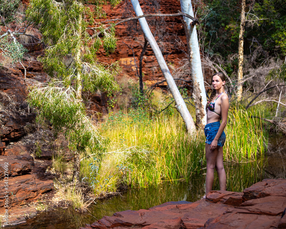 A beautiful girl in a bikini stands on red rocks above a river in a ...