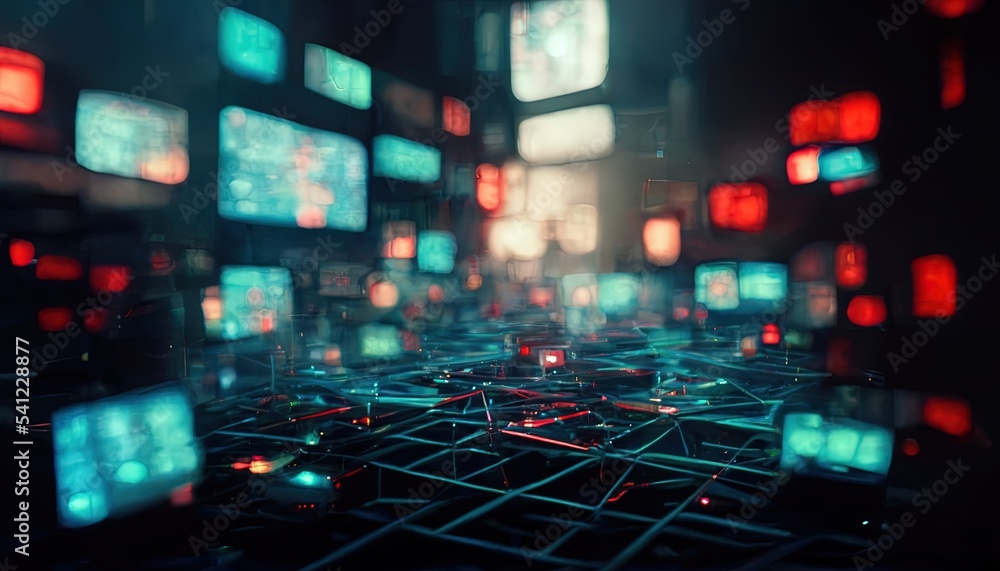 Сoncept of virtual environment and cyberspace set of glowing screens ...