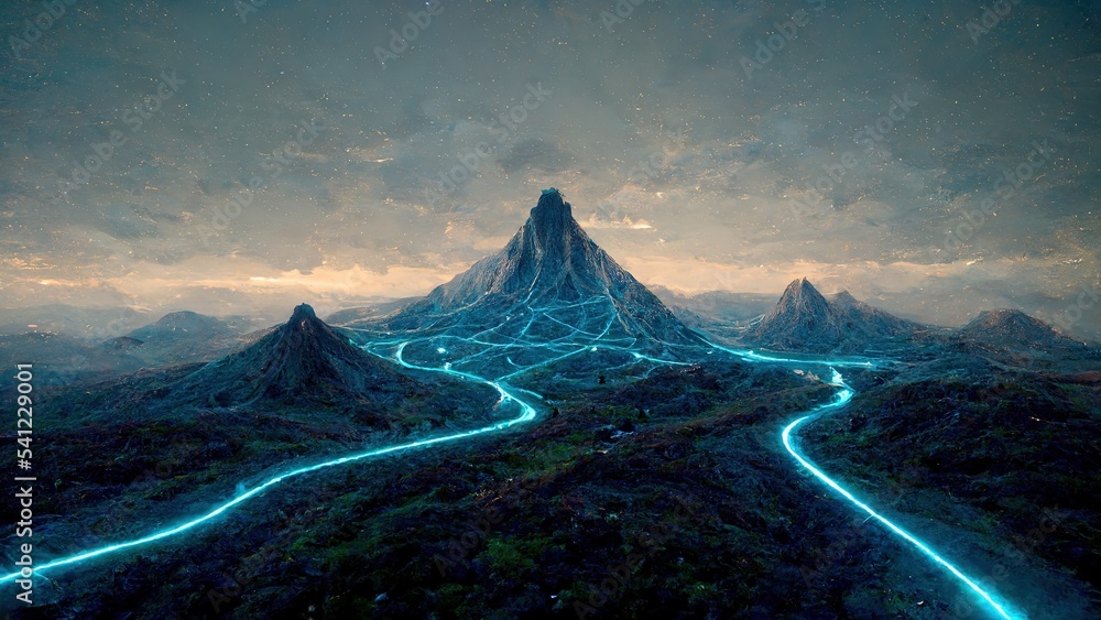 Fantastic alien planet landscape with blue energy flow. Illustration ...