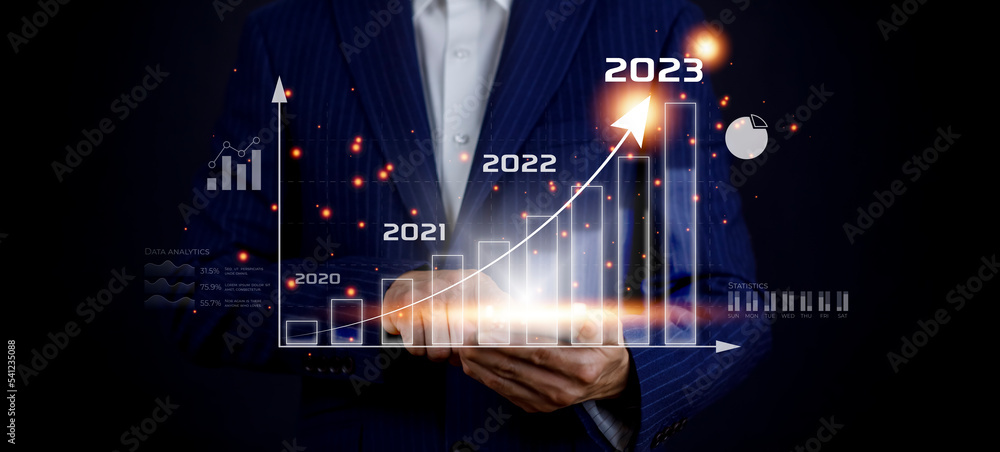 Business growth data chart arrow with diagram 2023 budget, Businessman ...