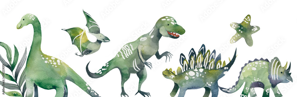 Watercolor Dinosaurs template. Horizontal banner with Dinosaurs and ...