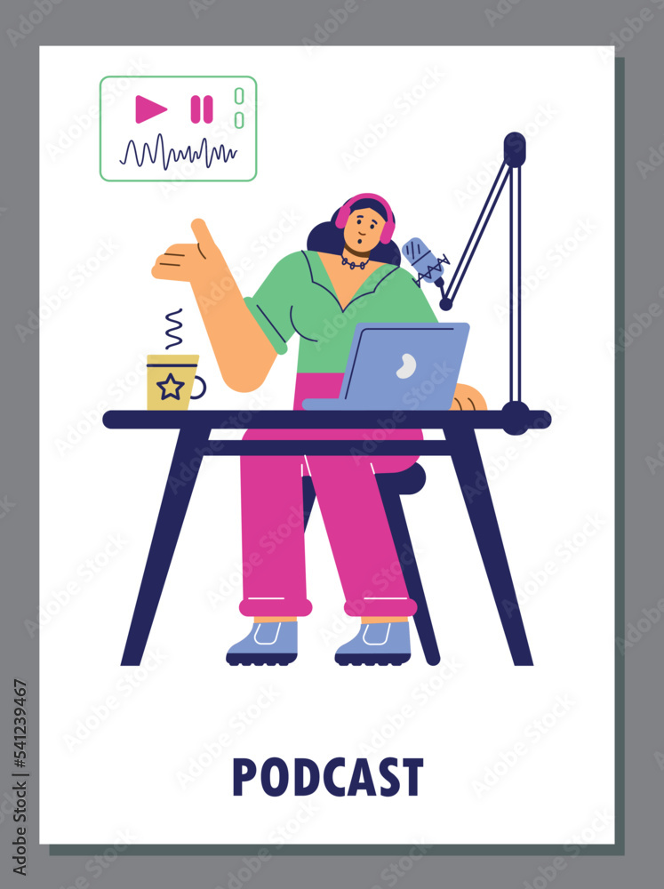 Podcast broadcast live streaming event poster, flat cartoon vector ...