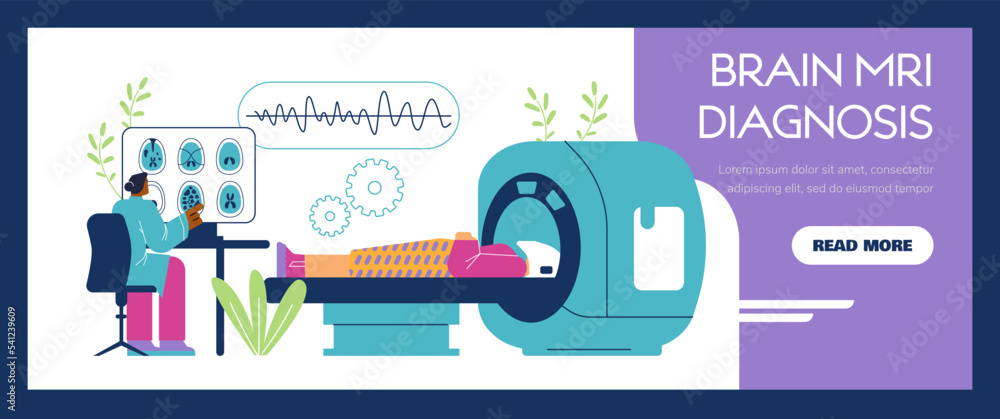 Brain MRI scan and diagnosis web banner template, flat vector ...
