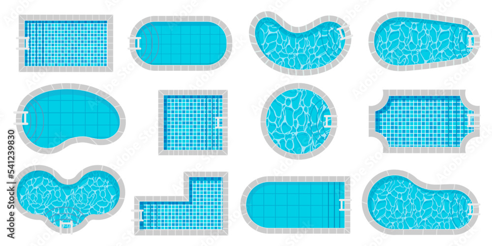 Pool top view. Swimming pools different shapes cartoon style, luxury ...