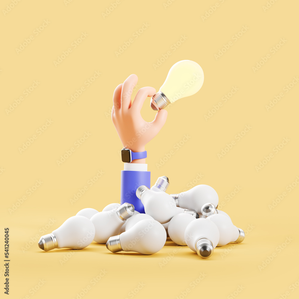 Cartoon hand holding a light bulb on a yellow background. Scattered ...
