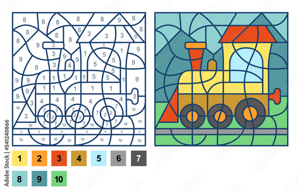 Puzzle game train locomotive, color by number sheet for children ...