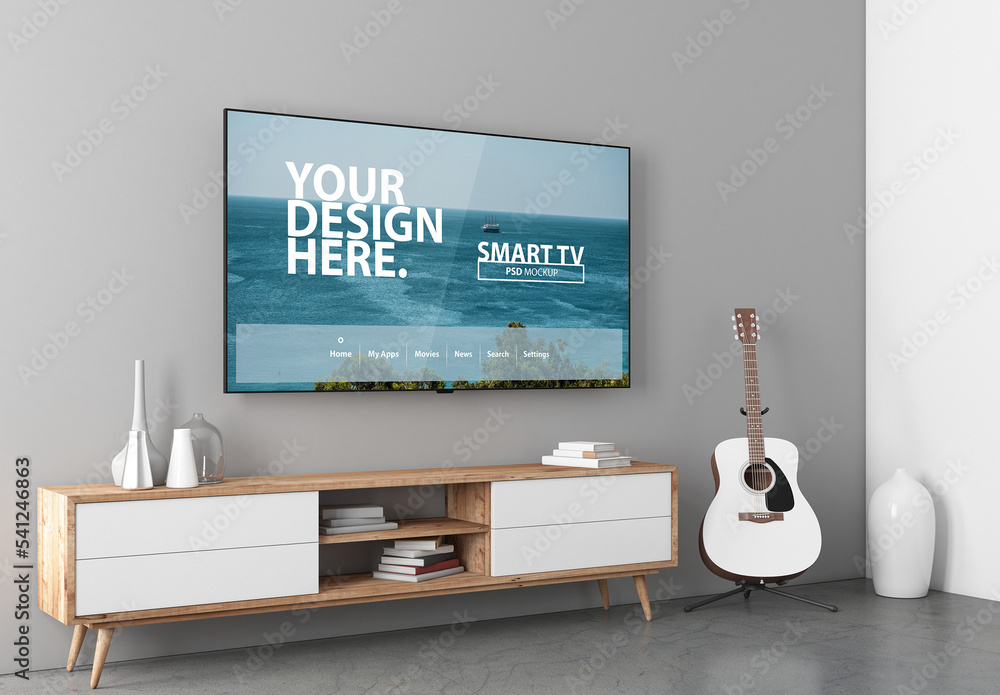 Smart Tv Mock Up with White Acoustic Guitar in Modern Room Stock ...