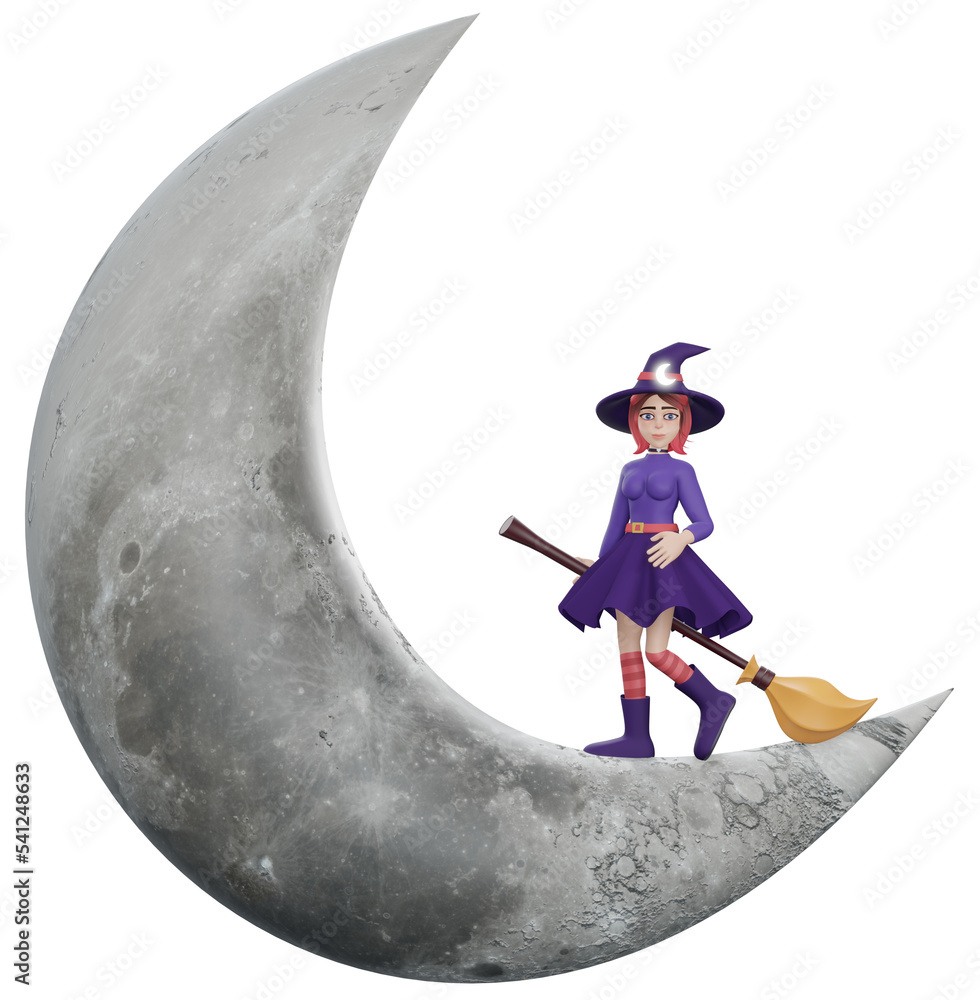 Cartoon witch on the moon ,Witch magic walking on moon, 3d rendering ...