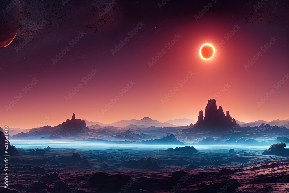 Alien planet surface with blue glow with orange earth, mountains, stars ...