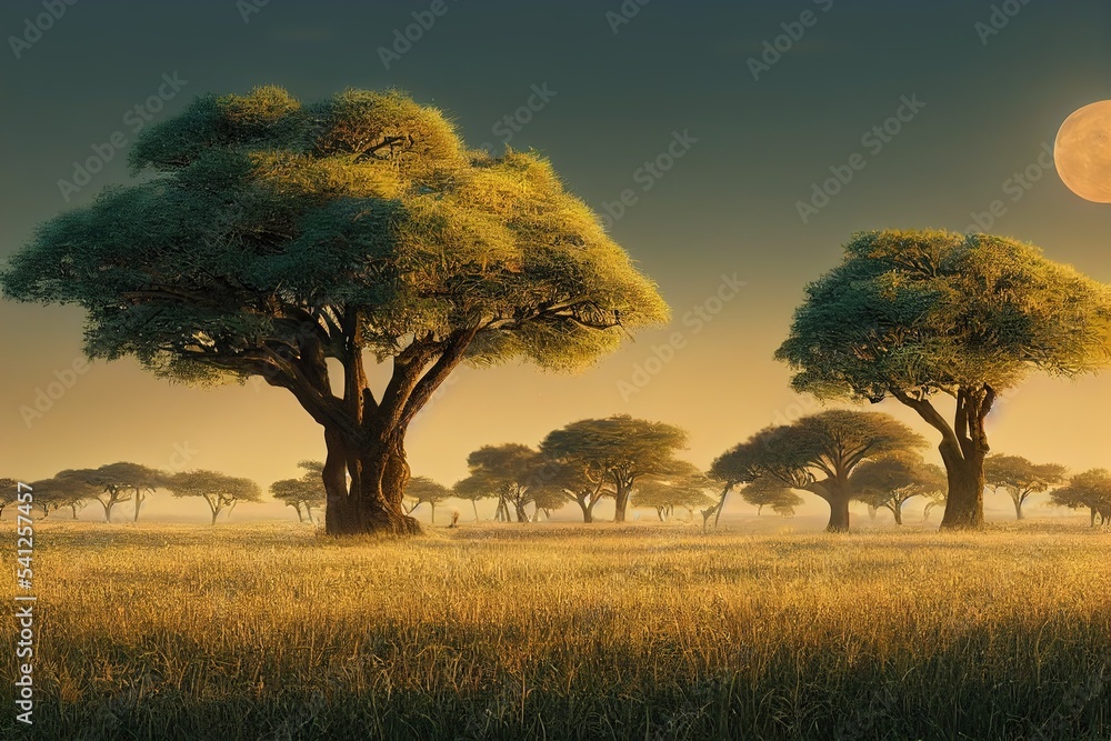 Savannah with trees, green grass, bushes and mountains on the horizon ...