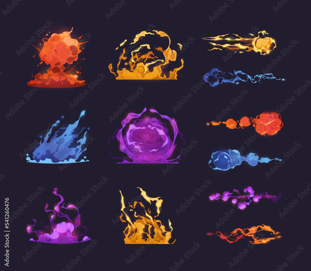 Power blast and explosion. Cartoon colorful game laser beam and plasma ...