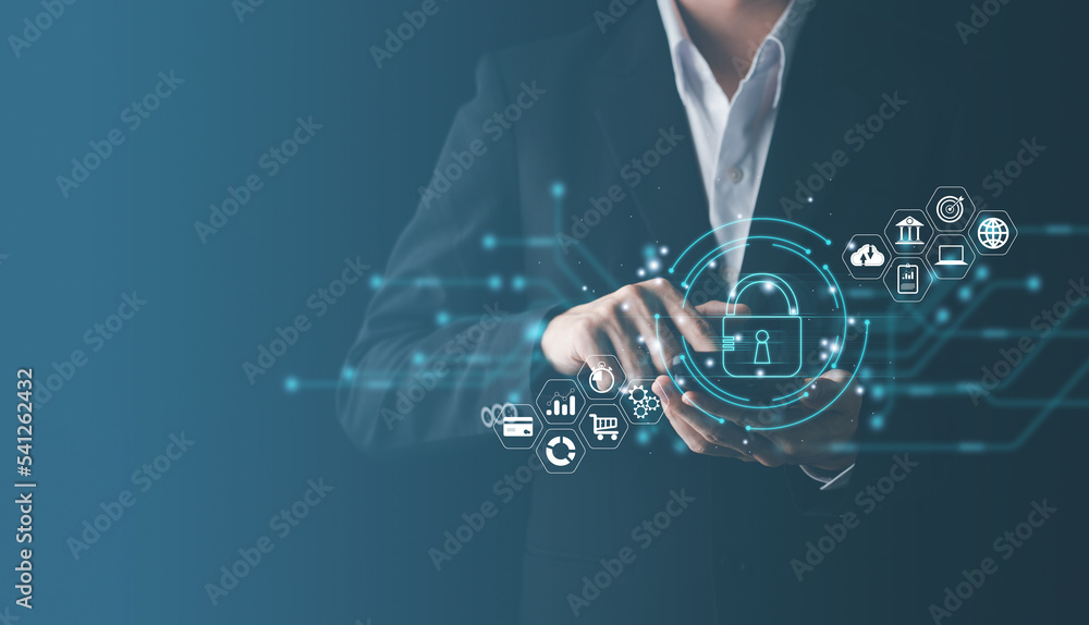 Man touching security scanning of digital programs. Surveillance of ...