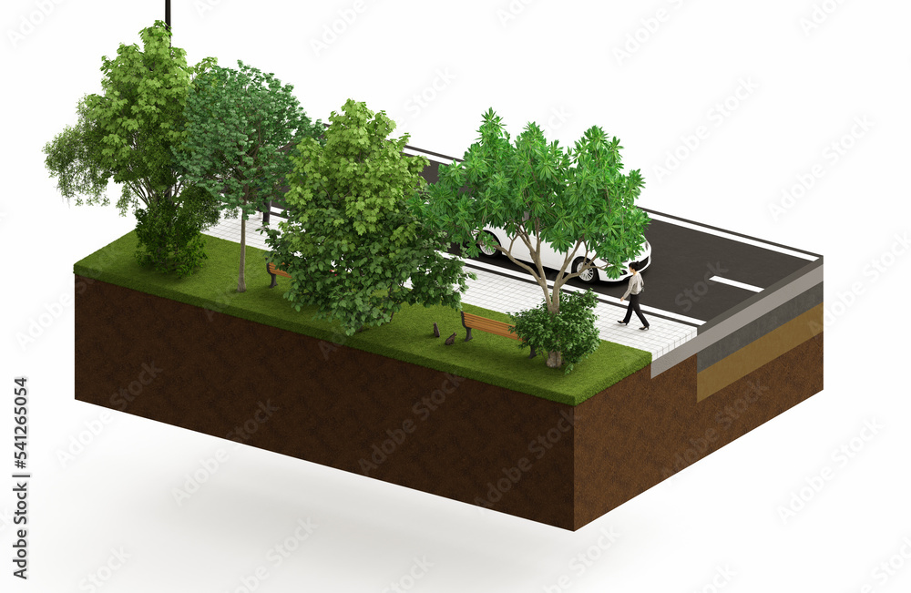 Urban street diagram with trees people and sidewalk 3d isometric Stock ...