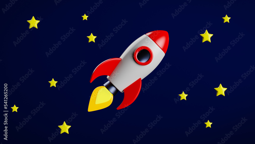 Small cartoon rocket flying up in space filled with stars. 3d rendering ...