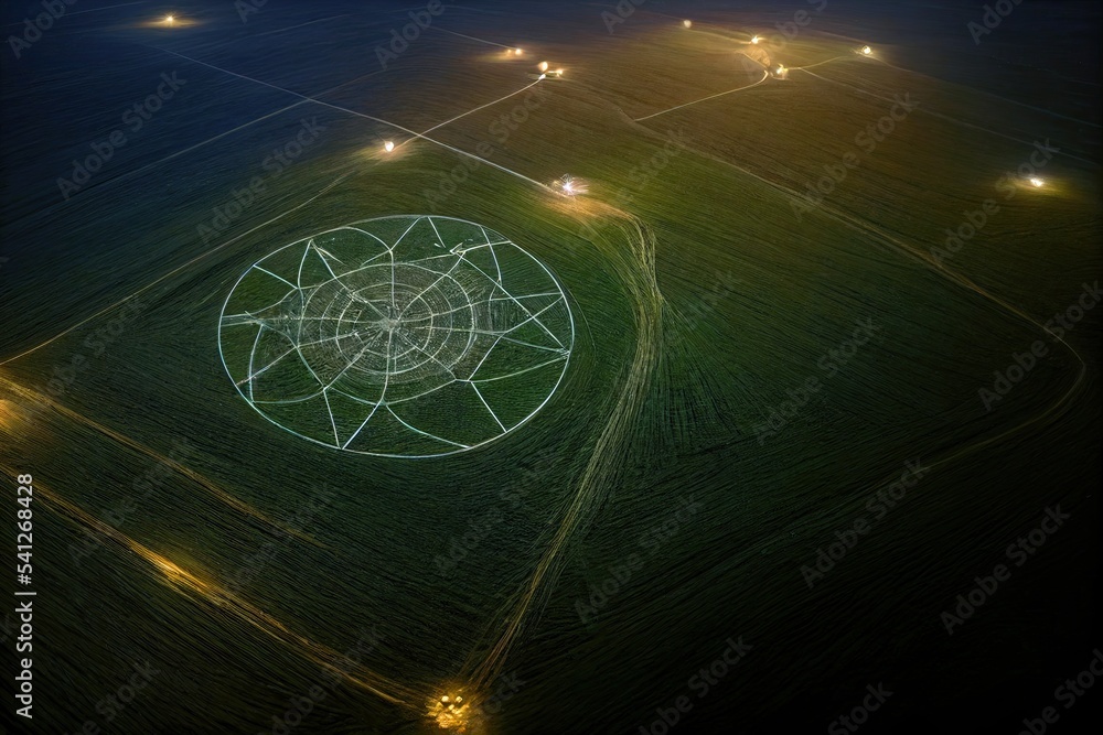 Drone view of crop circles at night. Alien symbols made on wheat ears ...