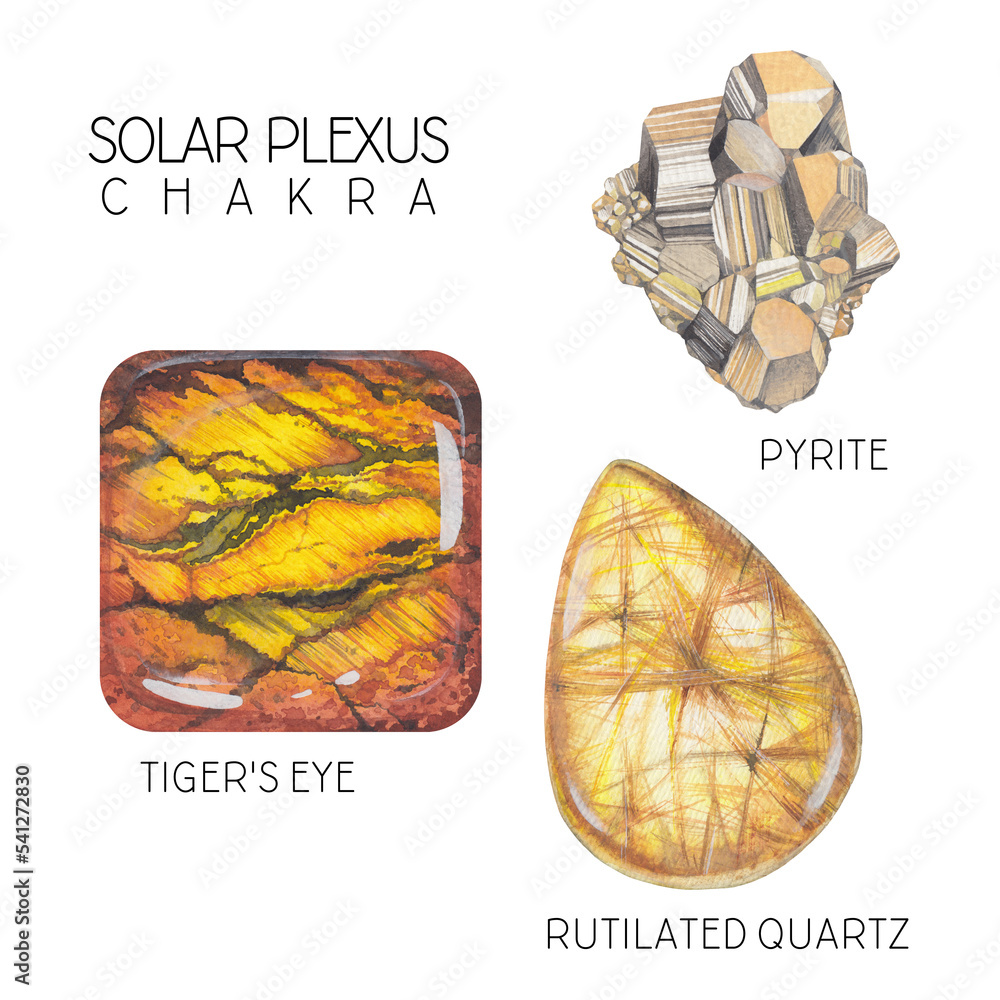 Solar Plexus chakra crystals set. Watercolor chakra stones, healing ...