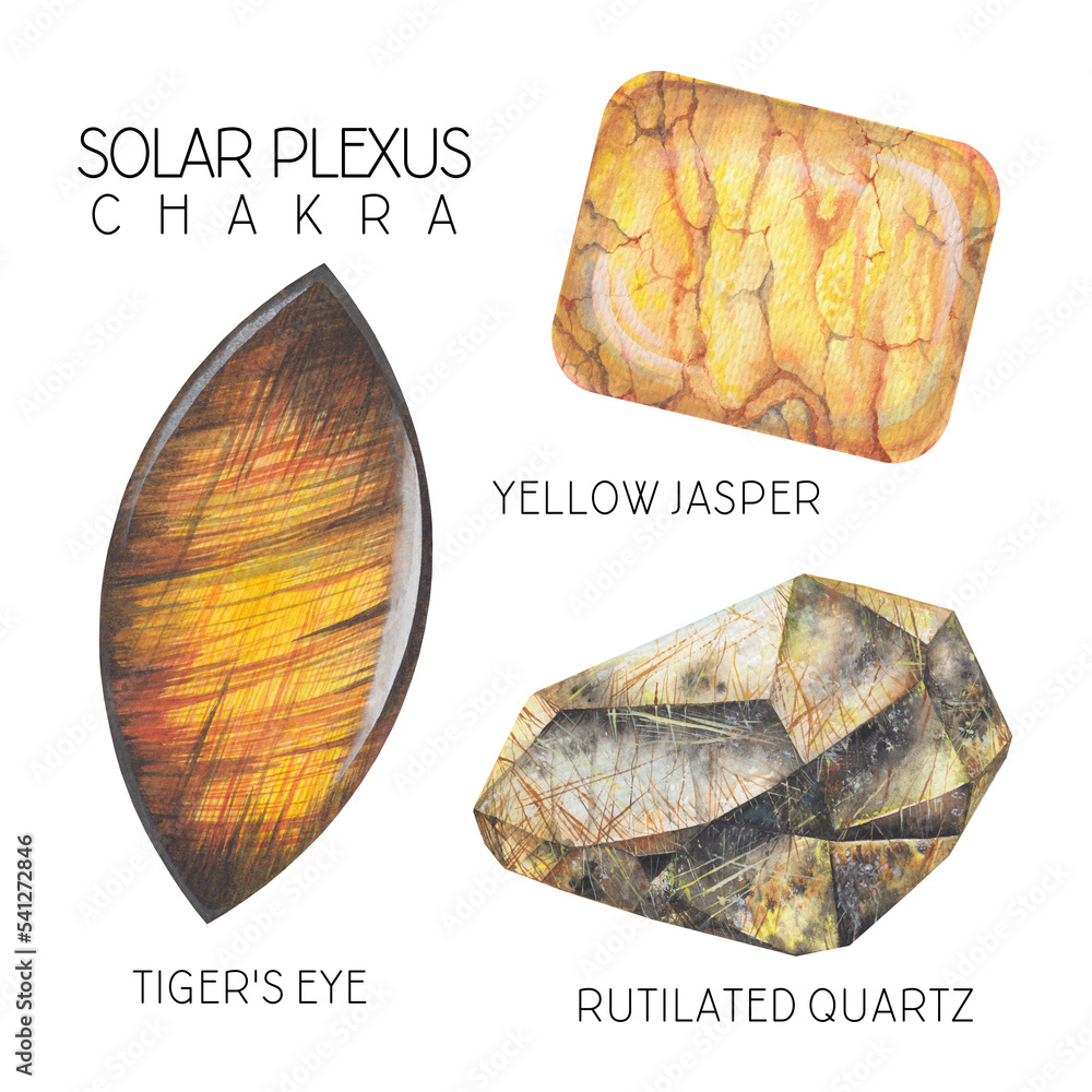 Solar Plexus chakra crystals set. Watercolor chakra stones, healing ...