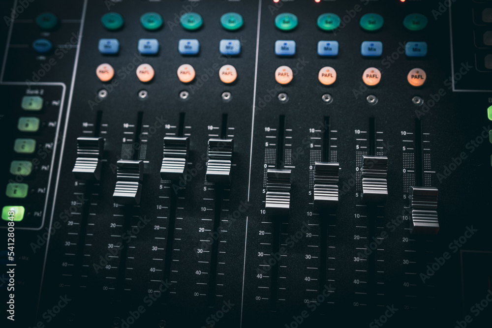 Sound control music mixer in record studio. Top view of mixer and ...
