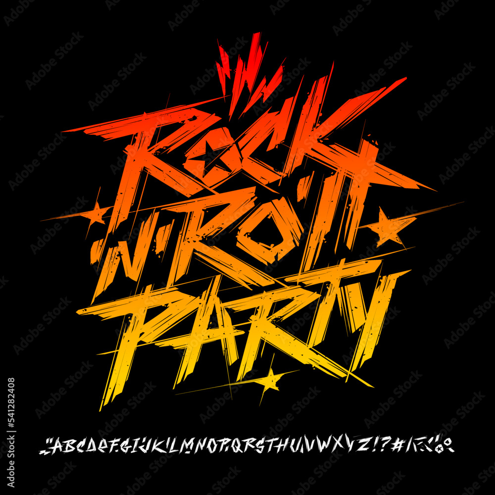 Rock'n'roll Party print design grunge style font alphabet - editable ...