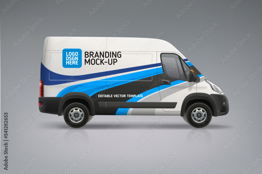 Side view Van mockup with branding design. Abstract blue stripes ...