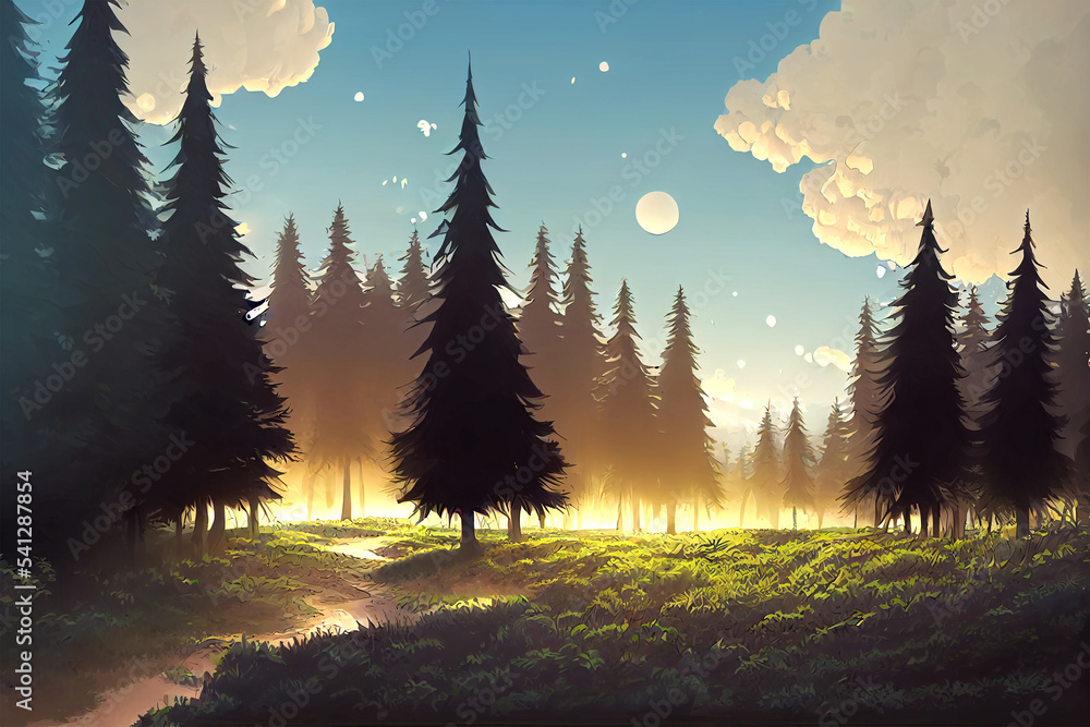 A clearing with fir trees in anime style Stock Illustration | Adobe Stock