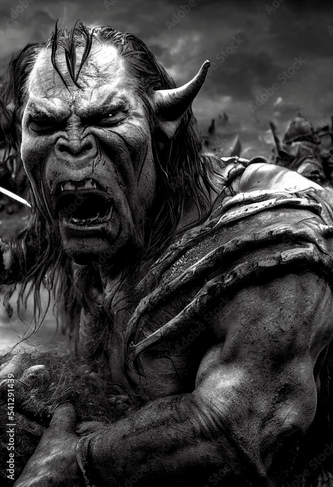 Vertical AI-generated image of a large scary orc warrior mystical ...