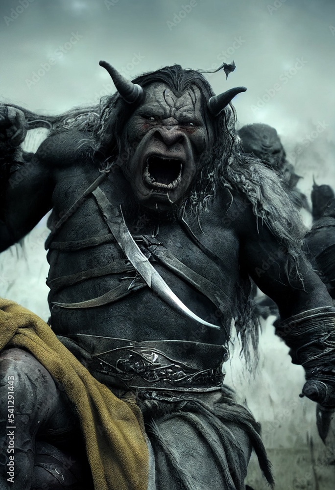 Vertical AI-generated image of a large scary orc warrior mystical ...