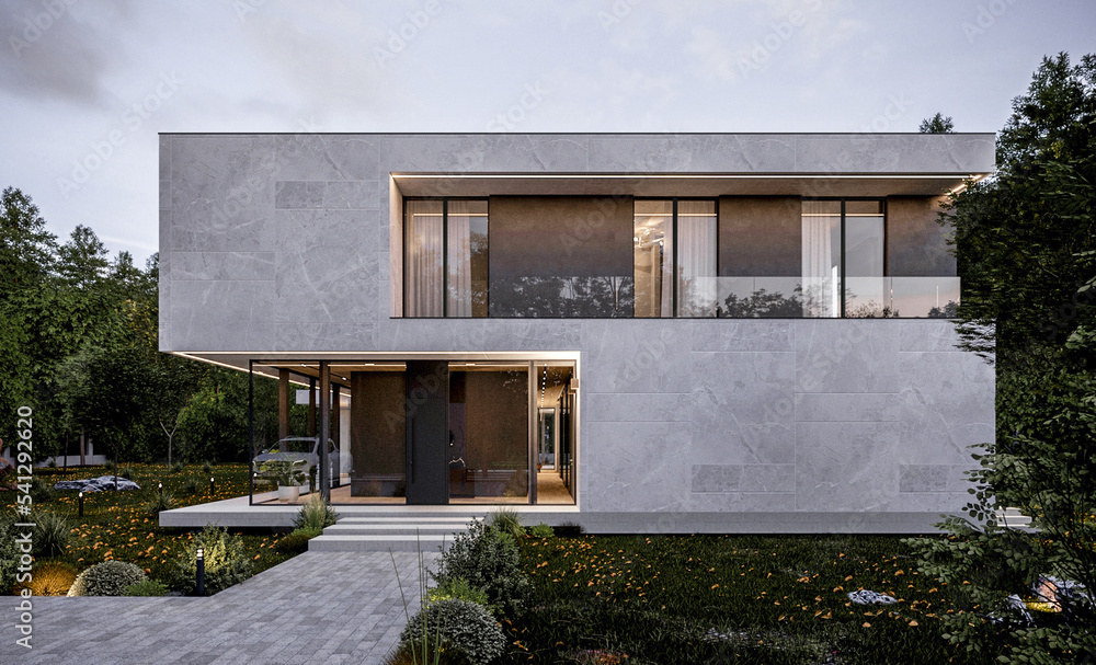 Modern villa with panoramic windows and a terrace. Exterior. Evening ...