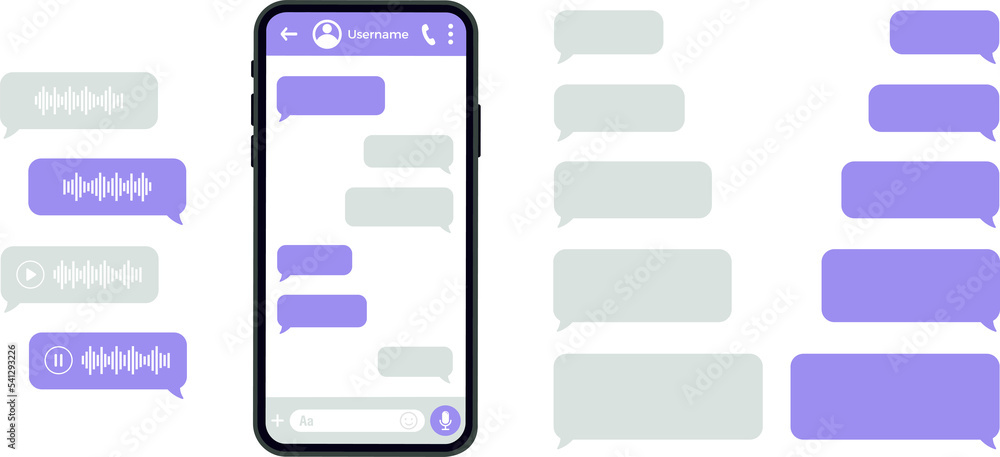 Smartphone with messenger chat screen and voice wave. Social media ...
