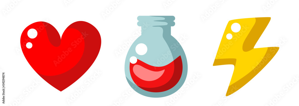 Mana icon, health icon, energy icon. Video game interface elements ...