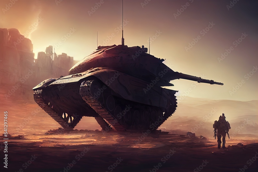 The tank is in battle, firing at the enemy. World war. Huge tank ...