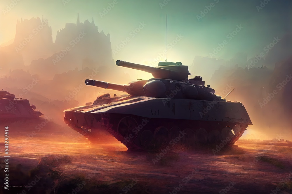 The tank is in battle, firing at the enemy. World war. Huge tank ...