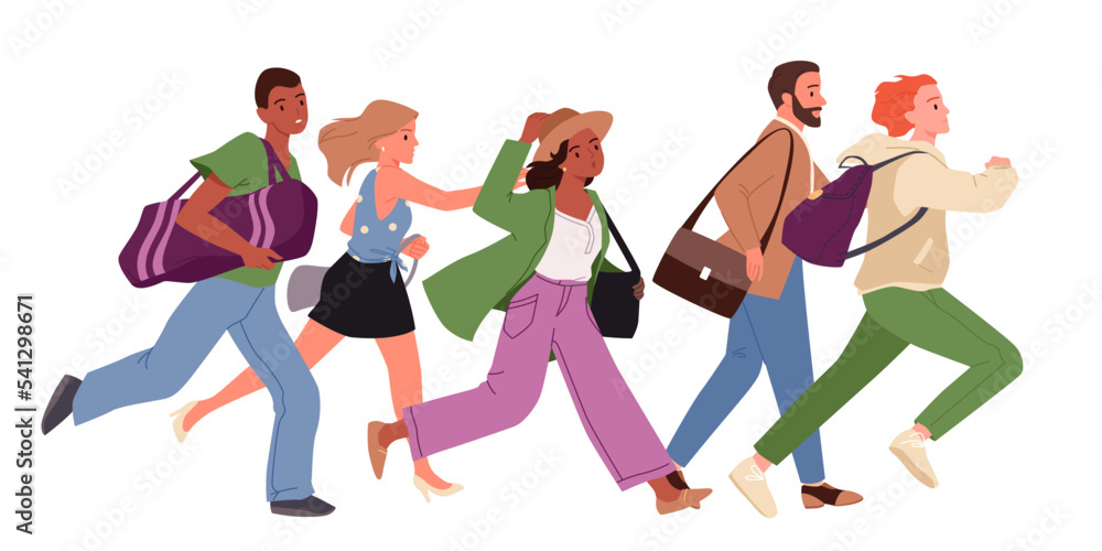 People run in hurry vector illustration. Cartoon isolated diverse crowd ...