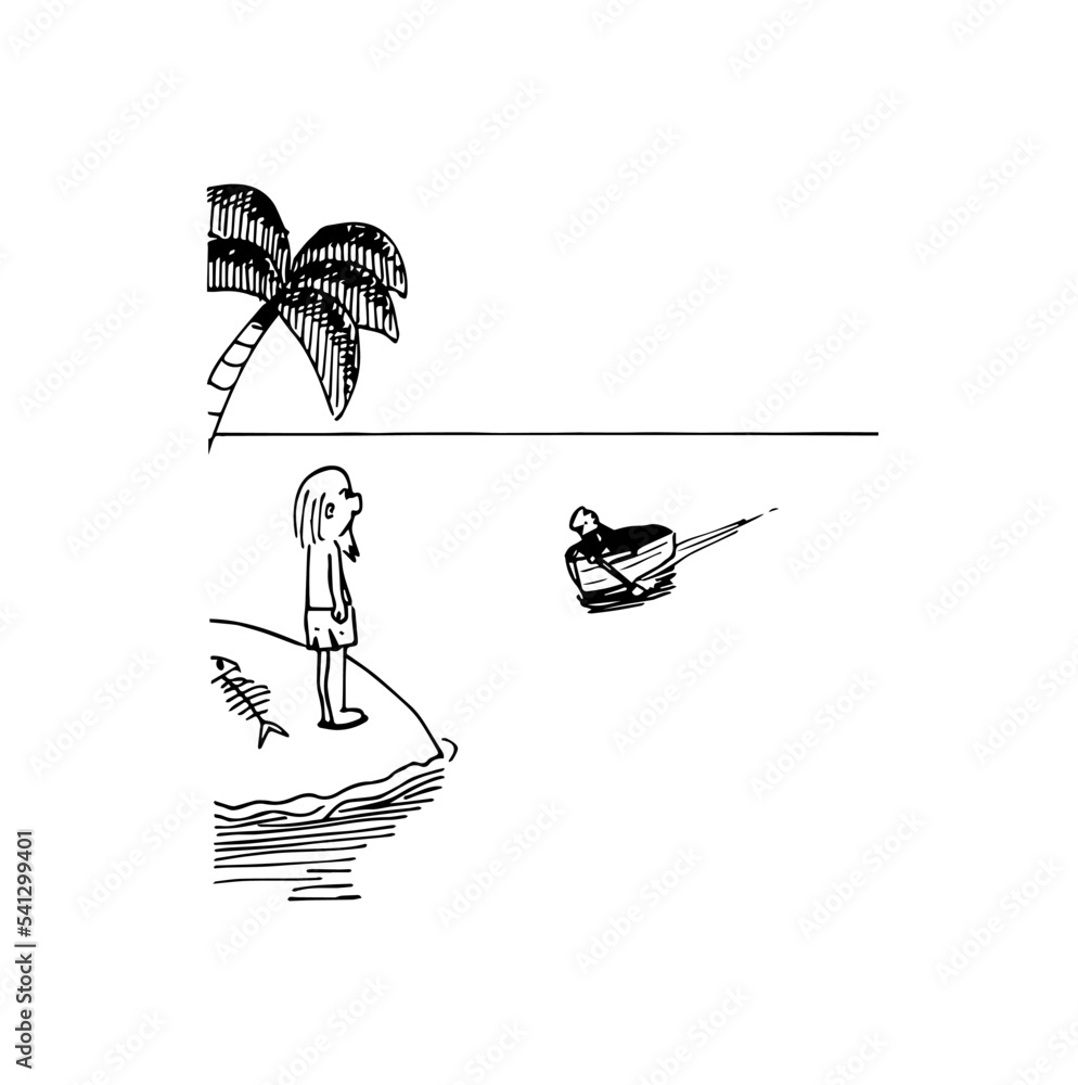 Vetor do Stock: Cute castaway character in a desert island looking far ...