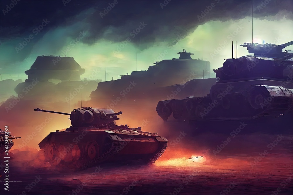 The tank is in battle, firing at the enemy. World war. Huge tank ...